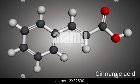 Cinnamic acid molecule. Molecular model. 3D rendering. Illustration ...