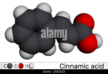 Cinnamic acid molecule. Molecular model. 3D rendering. Illustration ...