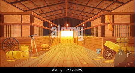 Empty stable inside, perspective view of aisle with stalls and gate ...