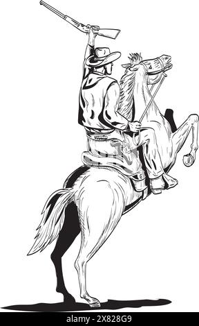 Comics style drawing or illustration of a cowboy with pistol drawn in a ...