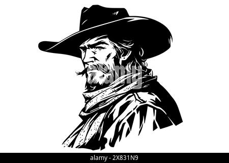 Cowboy sheriff bust or head on hat in engraving style. Hand drawn ink ...