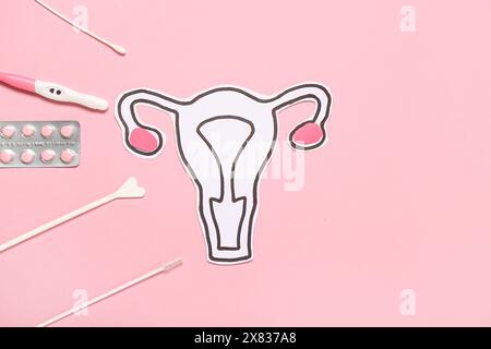 Paper uterus with pap smear test tools and pills on grey background ...