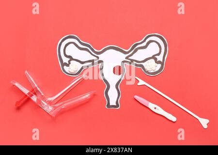 Paper uterus with gynecological speculum and pap smear test tools on ...