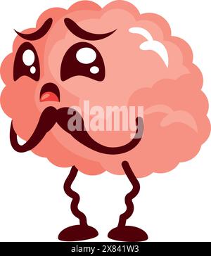 Unhappy sad cartoon brain. Cute character human organ is sick ...