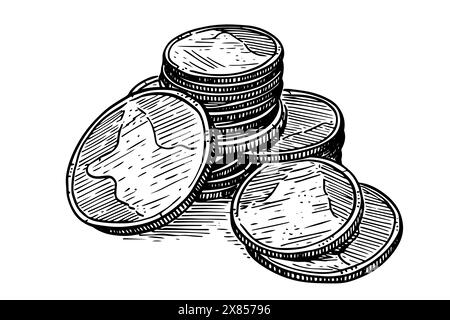 Stack of coins money in engraving style. Hand drawn ink sketch. Vector ...