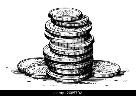Stack of coins money in engraving style. Hand drawn ink sketch. Vector illustration Stock Vector ...
