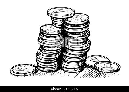 Stack of coins money in engraving style. Hand drawn ink sketch. Vector ...