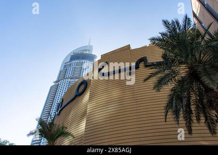 Dubai Mall Signboard name in Arabic on the wall. Famous shopping mall ...
