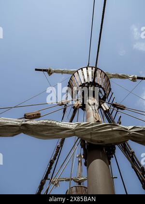 Low angle view of the mast of the historical replica carrack ship Nao ...