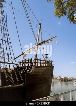 The Nao Victoria replica carrack ship docked at the Guadalquivir River ...