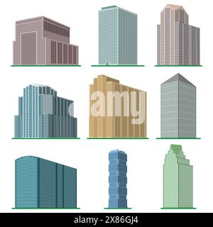 Set of nine modern high-rise building on a white background. View of ...