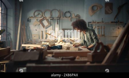 Multiethnic Artisan Woodworker Marking Out Dimensions on a Blueprint ...