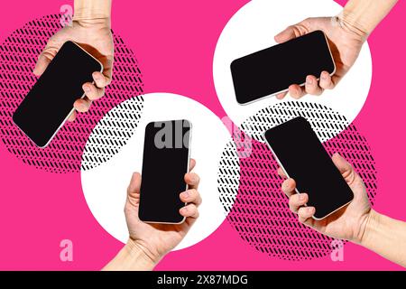 Four hands with smart phones holding glasses with red wine, on wooden ...