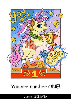Happy unicorn won the prize and lettering You are number one. Cartoon ...