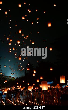 Magelang, Indonesia. 23rd May, 2024. People release sky lanterns during Vesak Day celebrations ...