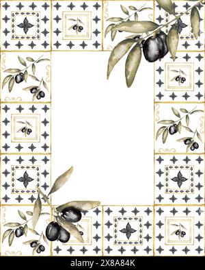 Watercolor tiles frame with olives branch, black olive border ...
