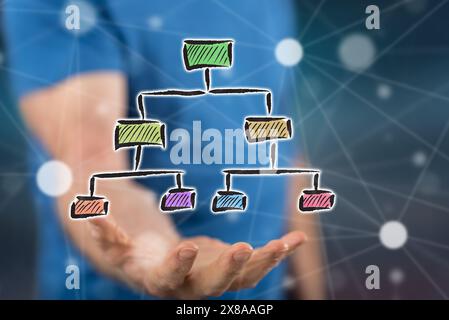 Organizational chart concept above the hand of a man in background ...