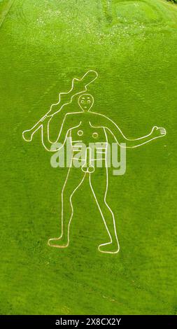 Aerial drone. Cerne Abbas Giant, Dorset. Hill figure carved out of ...