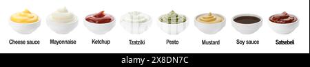Set of different sauces with names on white background Stock Photo - Alamy