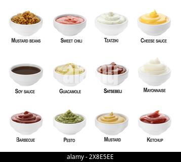 Set of different sauces with names on white background Stock Photo - Alamy