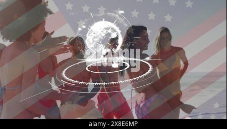 Image of flag of usa and scope scanning with globe over diverse friends ...