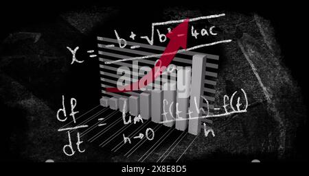 Image of mathematical equations and red arrow and statistics with data ...