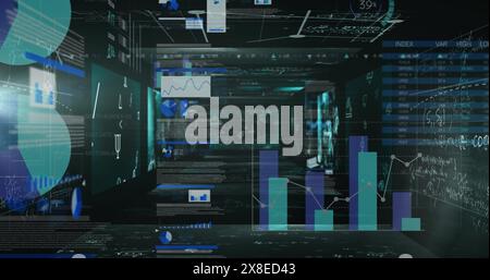 Digital data visualizations and graphs floating in blue virtual space ...