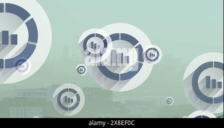 Image of multiple bar graph icons floating against aerial view of cityscape Stock Photo - Alamy