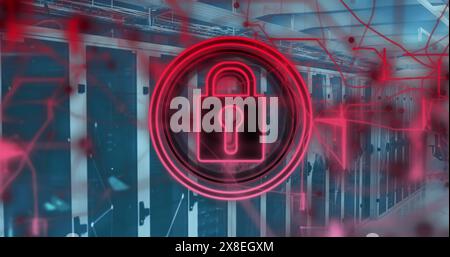 Image of padlock in circle with navigation pattern over connected dots on server racks Stock ...