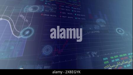 Image of circles, radars, map, computer language, graphs, trading boards over black background ...