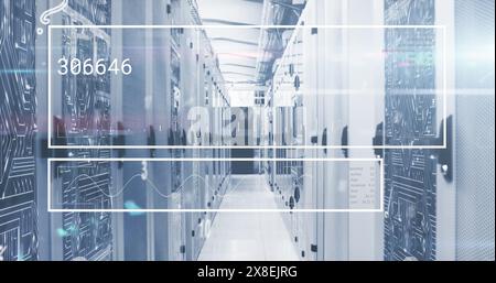 Image of numbers and alphabets floating over financial data processing against black background ...