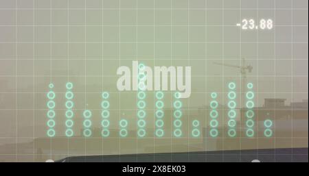 Image of graph, changing number and grid pattern over fog covered buildings Stock Photo - Alamy