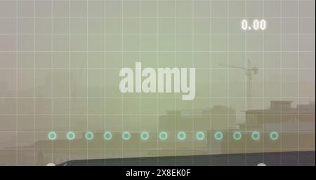 Image of graph, changing number and grid pattern over fog covered buildings Stock Photo - Alamy