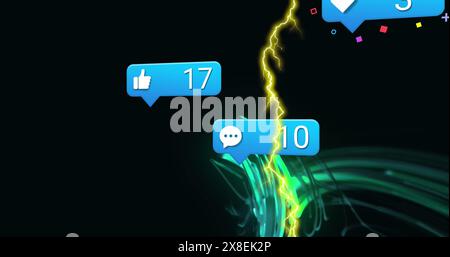 Image of notification bars, lightning and abstract pattern over black ...