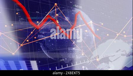 Image of red line graph showing loss over globe with connected dots and programming language ...