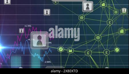 Image of connected icons, profile icons, graphs with changing numbers ...