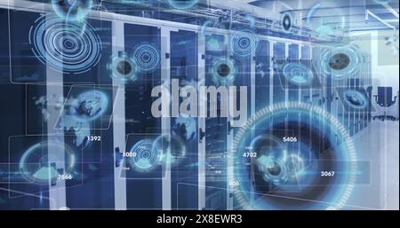Image of changing numbers, round scanners and data processing against server room Stock Photo ...