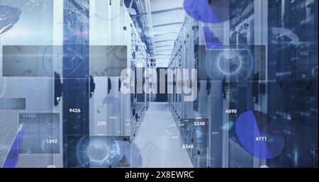 Image of changing numbers, round scanners and data processing against server room Stock Photo ...