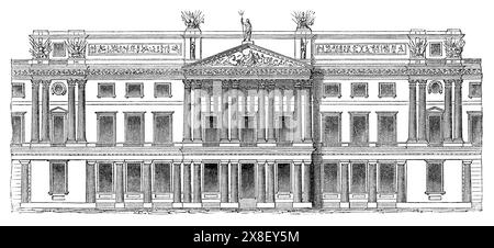 1854 vintage engraving of the front elevation of Buckingham Palace ...