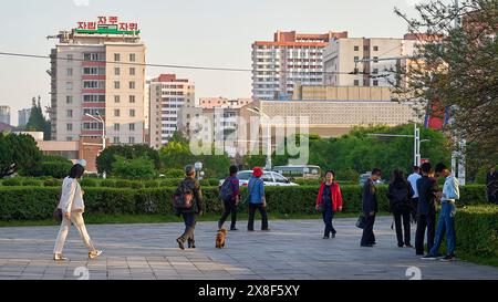 Historical landmark, Pyongyang residents walk on the square near the ...