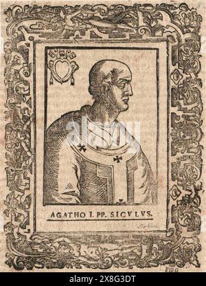 A 17th century engraving of Pope Agatho who was pontiff from AD678 to ...