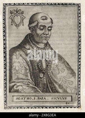 A 17th century engraving of Pope Agatho who was pontiff from AD678 to ...