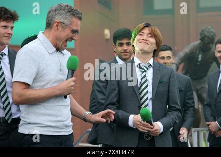 Celtic's Kyogo Furuhashi speaks to the fans during a trophy celebration ...