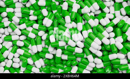 top view of green pills in blister and marijuana leaf on white ...