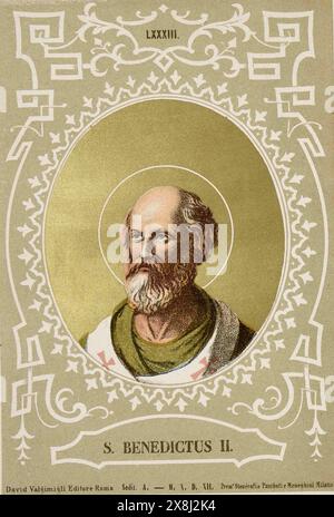 A 1879 engraving of Pope Benedict II who was pontiff from AD684 to ...