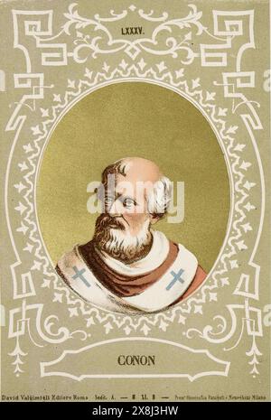 A 16th Century engraving of Pope Conon who was pontiff from AD687 to ...