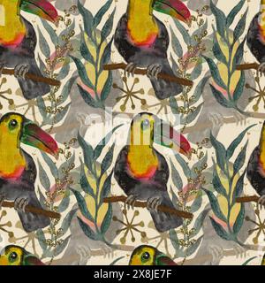 Toucan exotic tropical birds watercolor seamless pattern on white ...