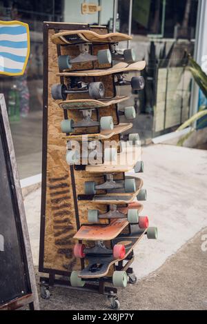 A stack of skateboards on a special outdoor stand Stock Photo - Alamy