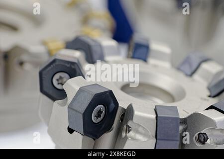 Modern shell milling cutter, modular metalworking rotating tool. Close ...