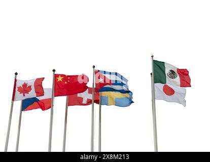 Flags of foreign countries on flagpoles isolated on a white background ...
